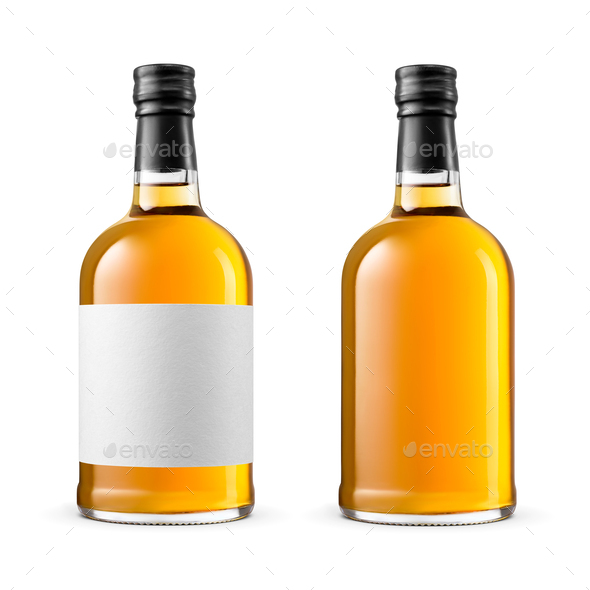 Two bottles of amber color alcohol, whisky, brandy, cognac isolated on ...
