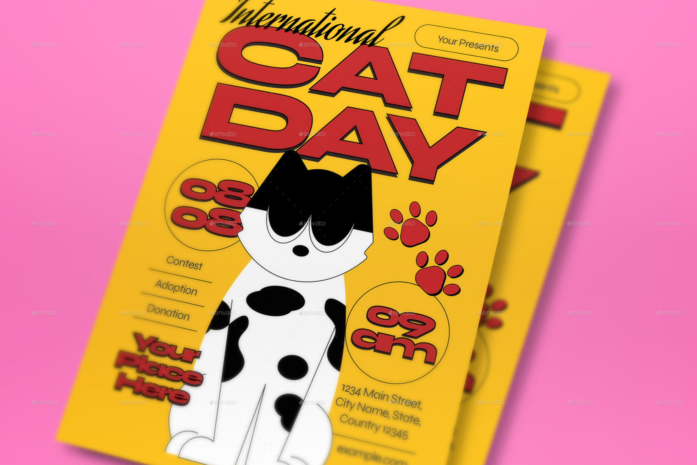 Yellow Modern International Cat Day Flyer Set, Print Templates ...
