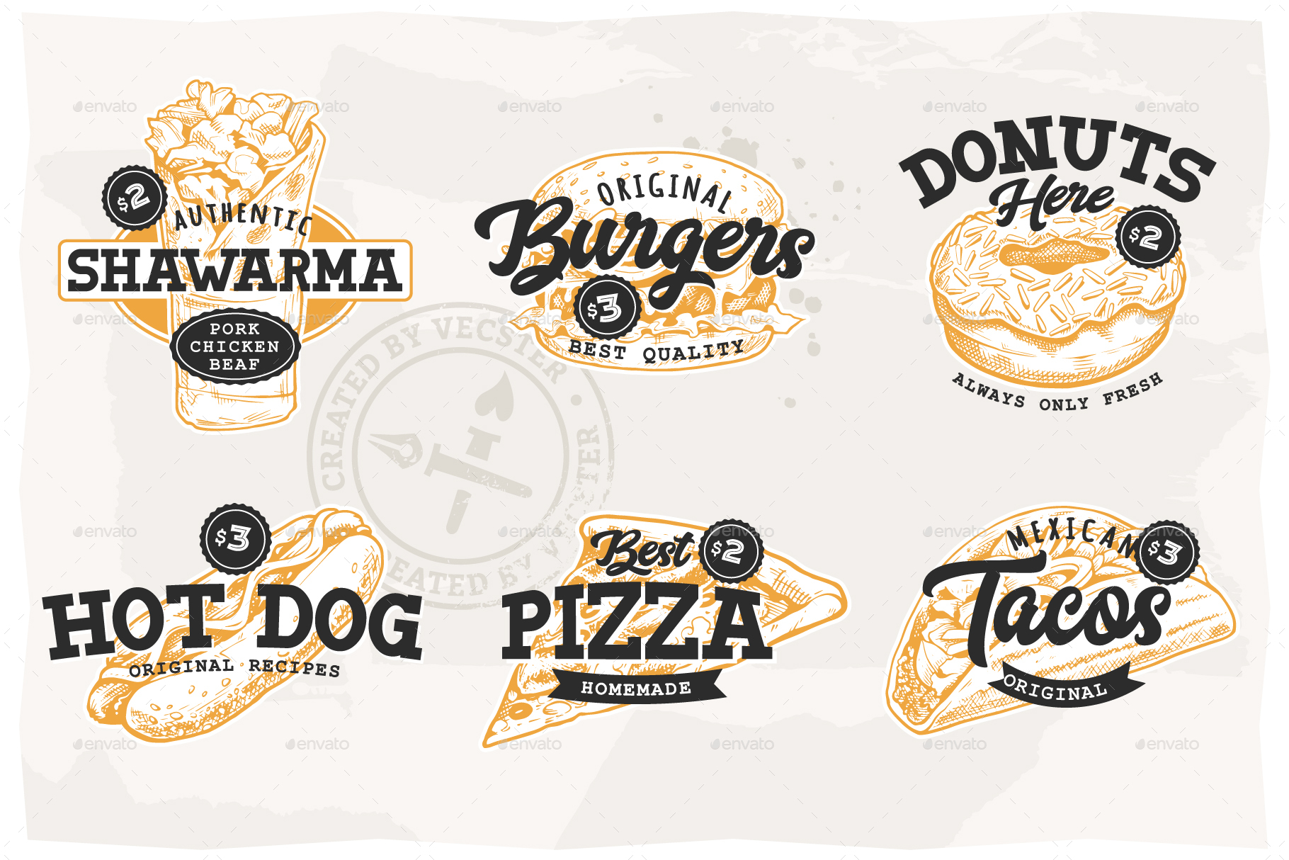 Street Food Retro Emblems, Vectors | GraphicRiver