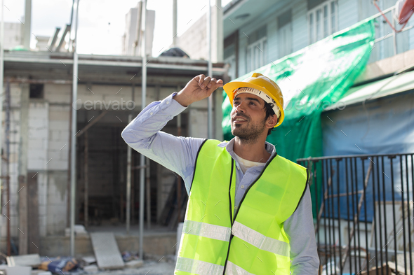 Construction engineer. happy man engineer wear uniform standing at ...