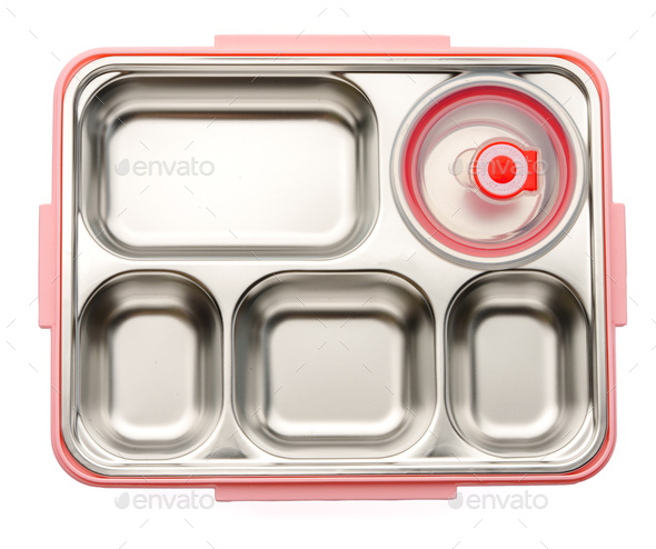 Empty lunch box with metal compartments isolated on white background ...