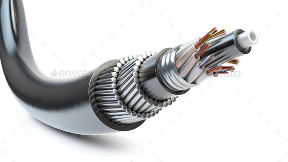 Armoured submarine fiber optic cable structure isolated on white ...
