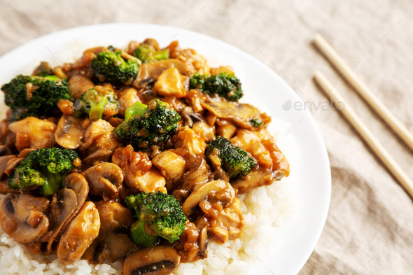 Homemade Chicken Veggie Stir Fry with White Rice, side view. Close-up ...