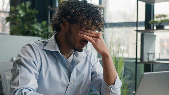 Tired man Arabian exhausted Indian latino male business person office ...