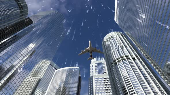 A plane flying over tall buildings, Motion Graphics | VideoHive