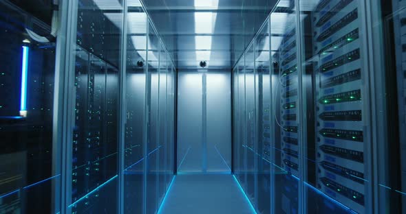 Long Hallway Full Server Racks in a Modern Data Center, Stock Footage