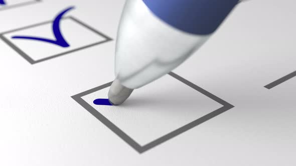 Blue Ball Pen Writing a Check Mark Sign on White Paper Extreme Close Up ...