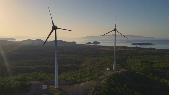 Wind turbines in windless conditions in wind power farm, Stock Footage