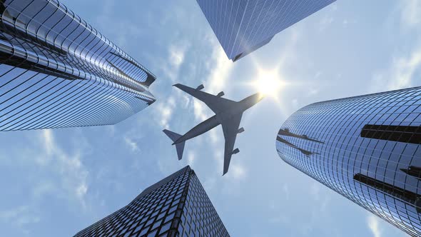 Large Airplane Flying Over 4 Skyscrapers, Motion Graphics | VideoHive