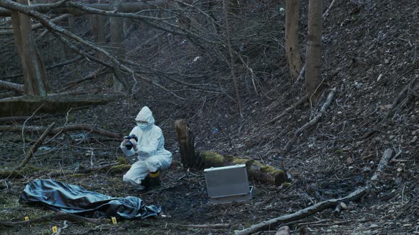 Forensic specialists working in the forest. Crime scene and police ...