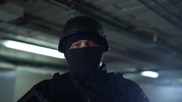 Focused SWAT Police Officer Standing on Position During Special ...