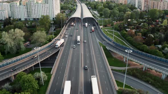 Aerial Flyover Traffic Jam Roundabout Interchange Road in Evening Drone ...