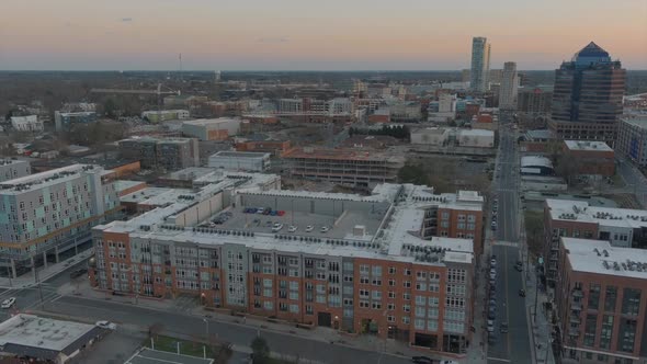 Durham North Carolina Downtown city skyline at dusk. Aerial drone view ...
