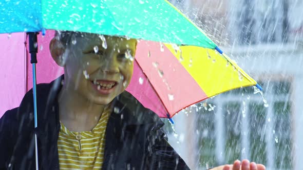 Little Boy Catching Raindrops, Stock Footage | VideoHive