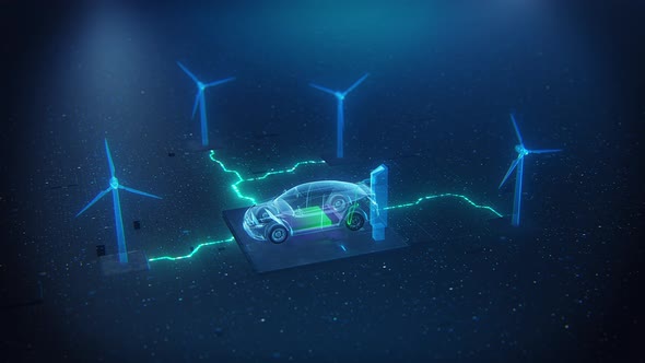 Electric Car Charging On The Wind Power Station, Motion Graphics ...