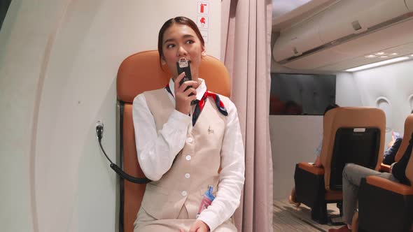 stewardess are announcing information to passengers on airplane in ...