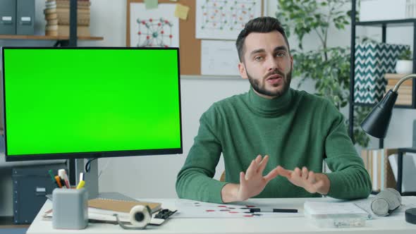 Male Teacher Pointing at Green Screen Chroma Key Computer Speaking ...