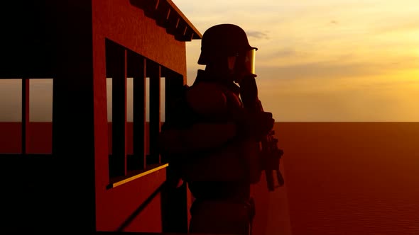 Soldier Watching the Military Watchtower and Sunset View, Motion Graphics