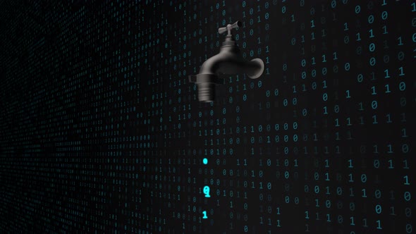 Data Leak Concept with Software Binary Code Flowing from Faucet Tap - 4K, Motion Graphics