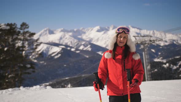 Girl Skier in a Ski Resort, Stock Footage | VideoHive