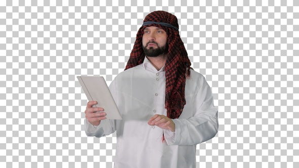 Sheikh using digital tablet and walking, Alpha Channel, Stock Footage