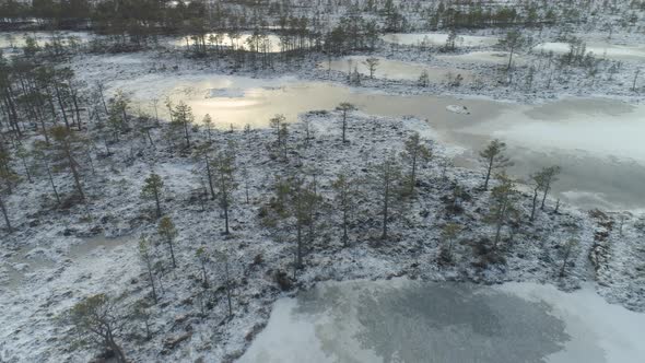 Flying Over Snowy Bog And Frozen Lakes In Winter, Stock Footage | VideoHive