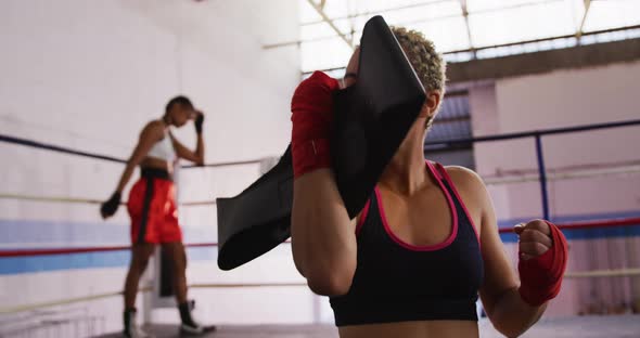 Mixed race woman happy to win in boxing gym, Stock Footage | VideoHive