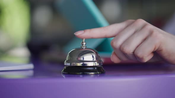 Closeup Female Finger Ringing Service Bell in Slow Motion, Stock Footage