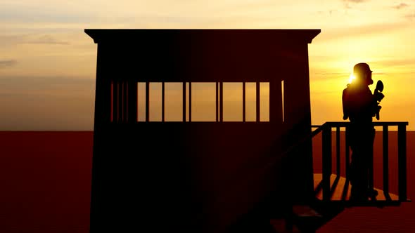 Soldier Watching the Military Watchtower at Sunset, Motion Graphics