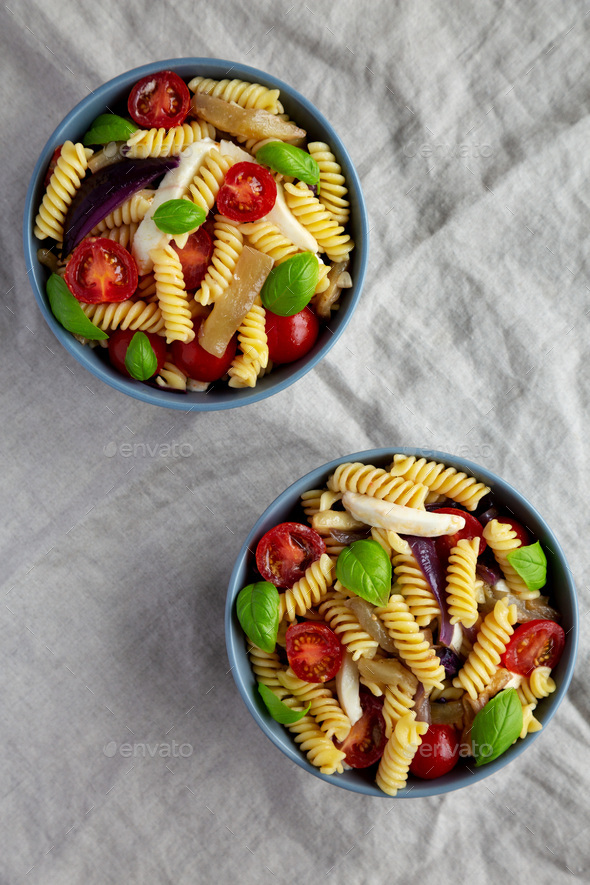Homemade Fusilli Pasta Salad with Mozzarella and Vegetables, top view ...
