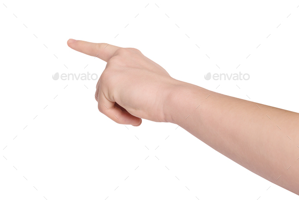 Male hand caucasian with index finger pointing to something, isolated ...
