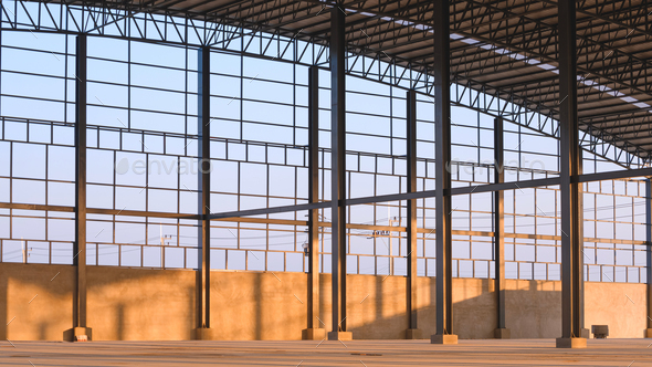 Steel wall framework with metal columns and curve roof inside of large ...