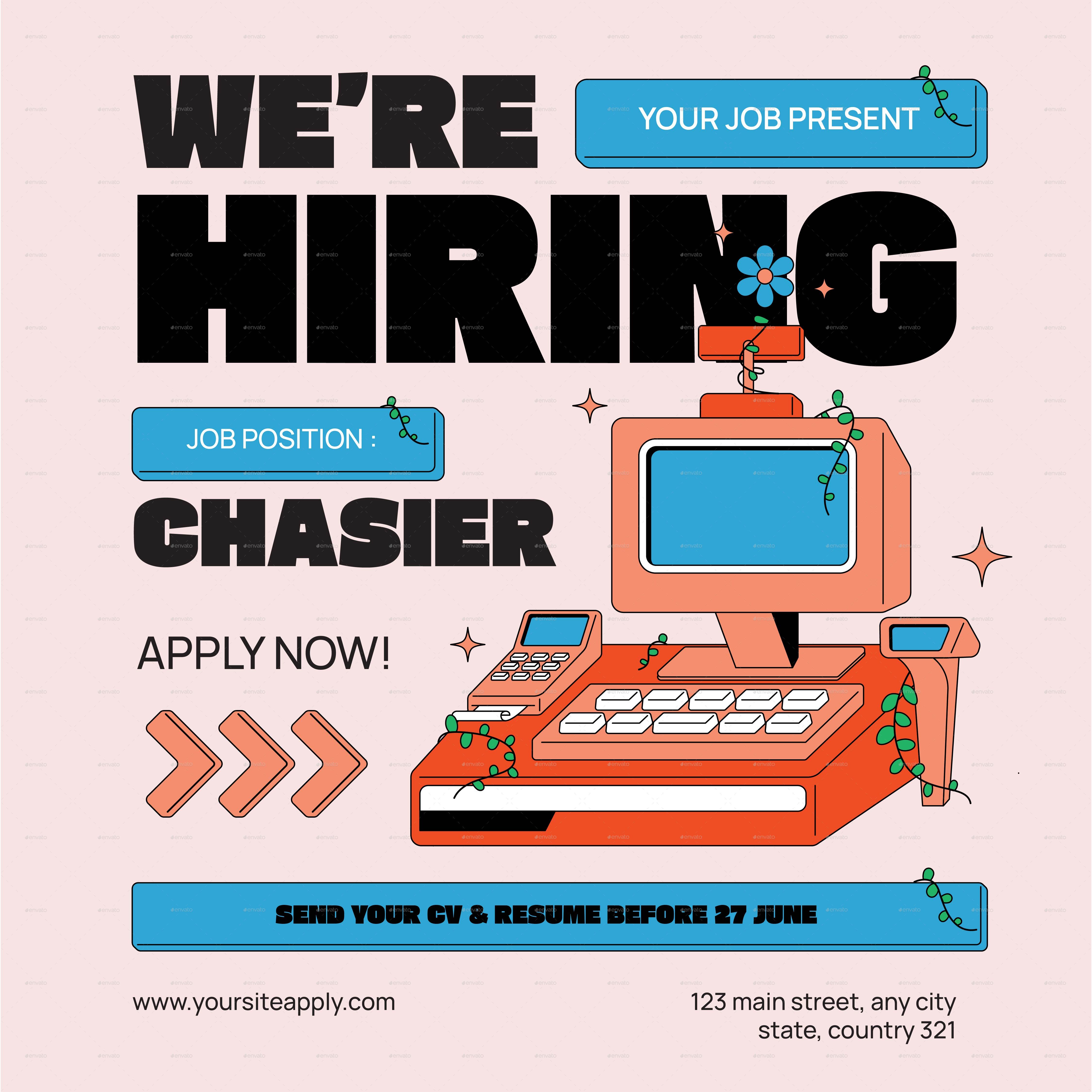 Retro Cashier Job Hiring Flyer, Print Templates | GraphicRiver