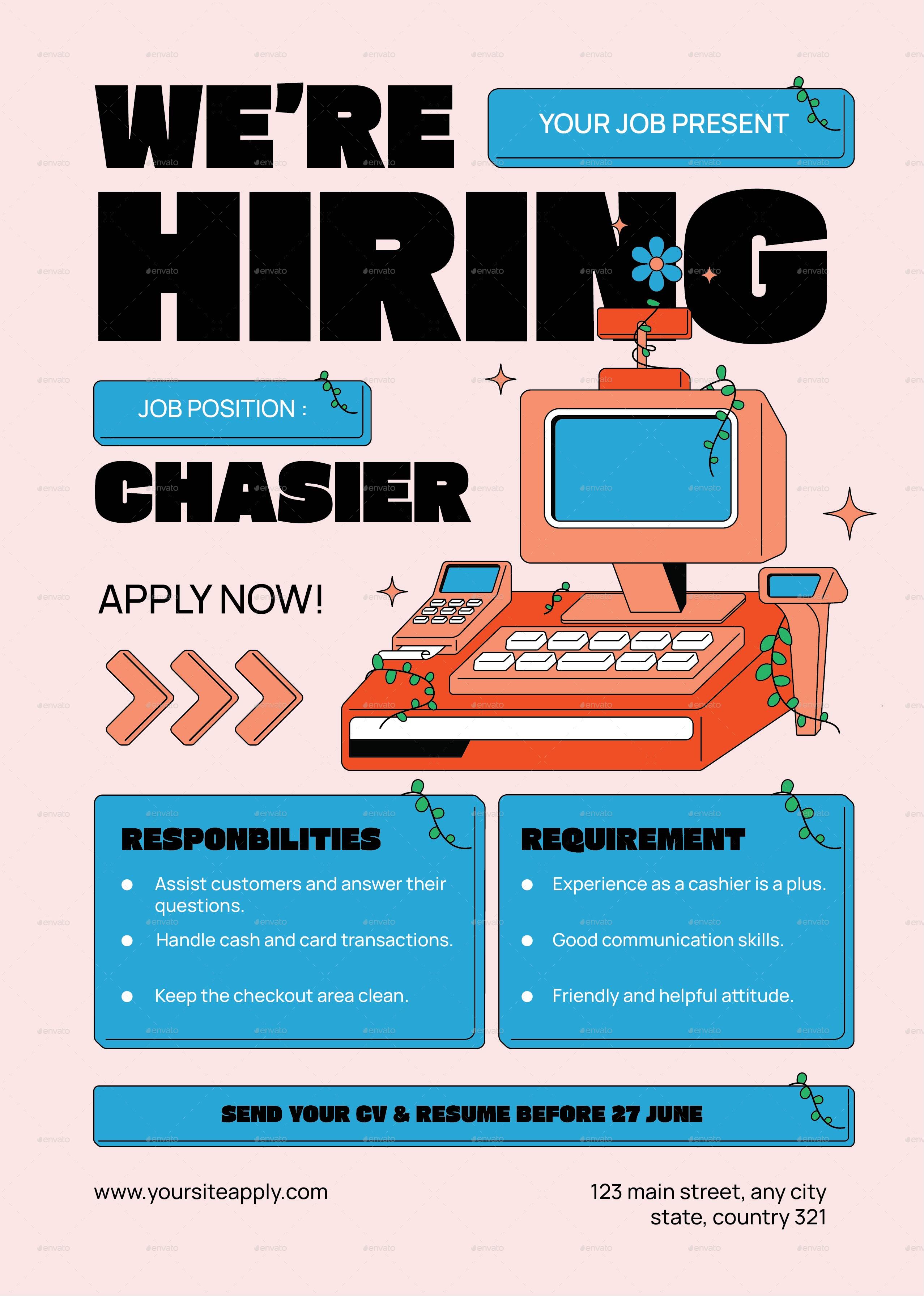 Retro Cashier Job Hiring Flyer, Print Templates | GraphicRiver
