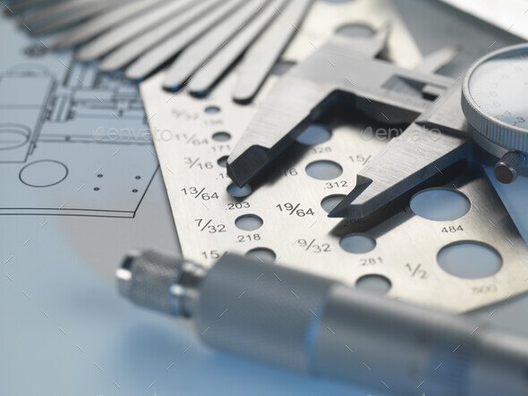 Engineering design - screw gauge, feeler gauge and micrometer on ...