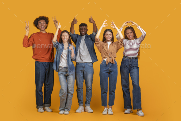 Diverse Friends Posing With Hand Gestures in Front Stock Photo by ...