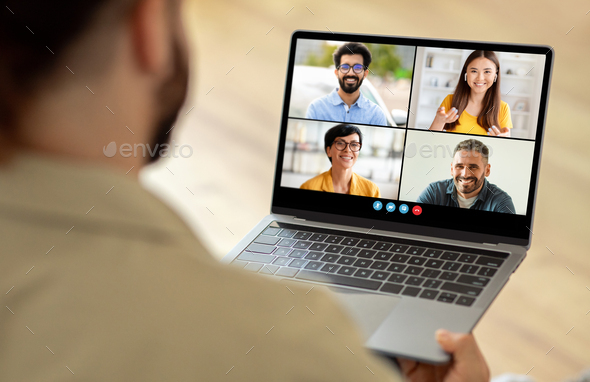 Man Using Laptop With Group of Multiethnic People on Screen Stock Photo ...