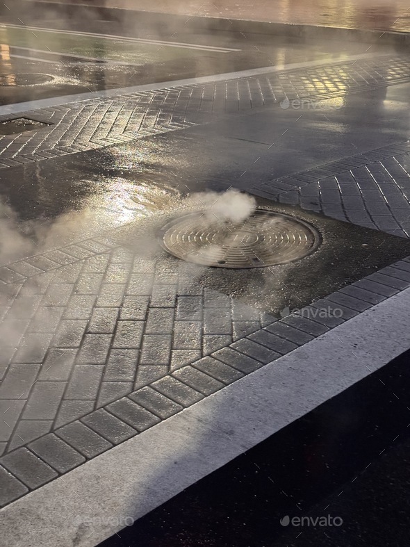 steam coming out of manhole on a wet street Stock Photo by bethanyellis28