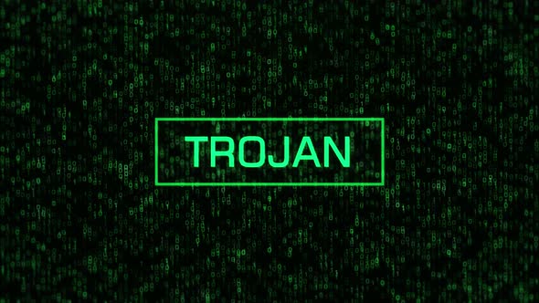 Trojan Warning Over Computer Binary Background Trojan Text With Binary Code And Matrix