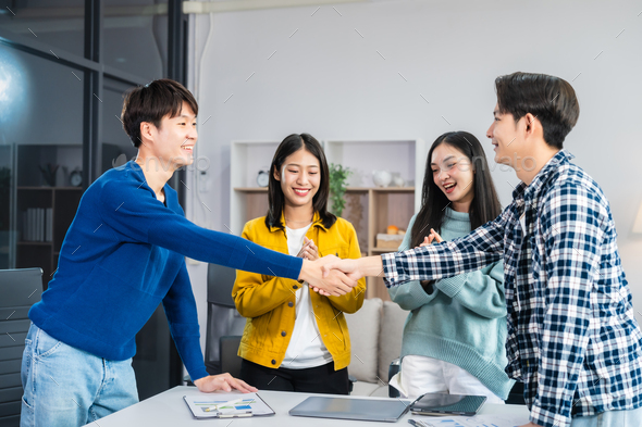 university classroom, diverse group young students Asian collaborate ...