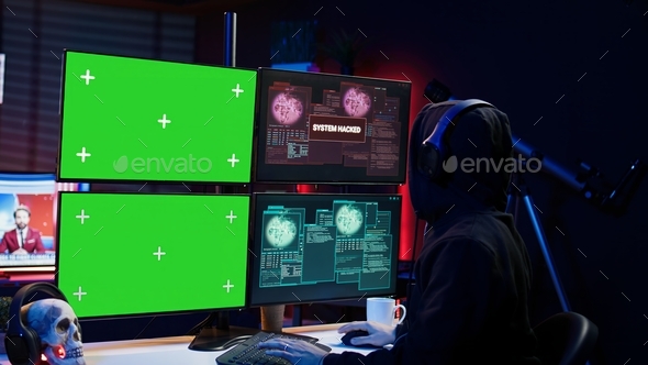 Joyous hacker feeling proud after breaching firewall using mockup ...