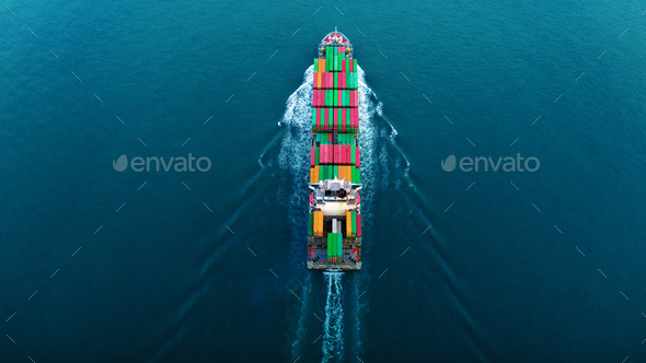 top view Cargo Container Ship with contrail in the ocean ship carrying ...