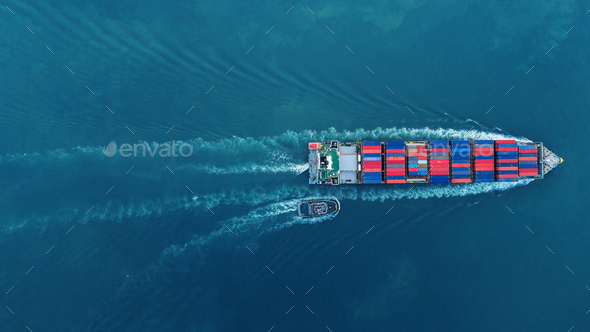 top view Cargo Container Ship with contrail in the ocean ship carrying ...