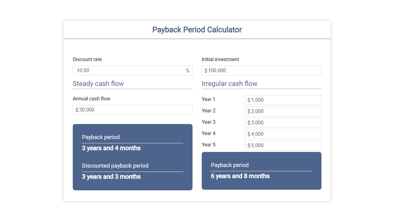 Payback Period calculator - Web Calculator for your Website by OceanITPark
