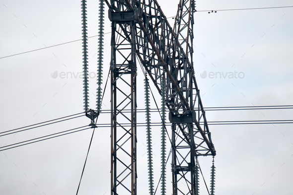 High voltage insulation string on steel pillar with electric power ...
