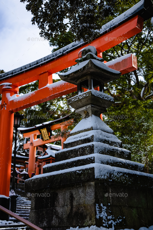 Ancient style traditional Japanese gateway and temples covered in rare ...