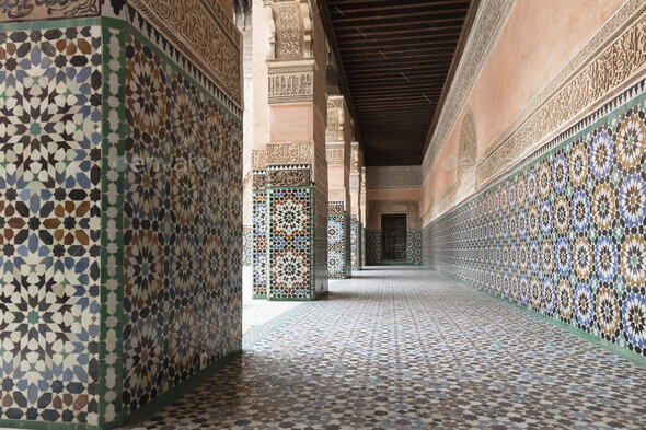 Tiled portico at Ben Youssef Madrasa, Marrakech, Morocco Stock Photo by ...