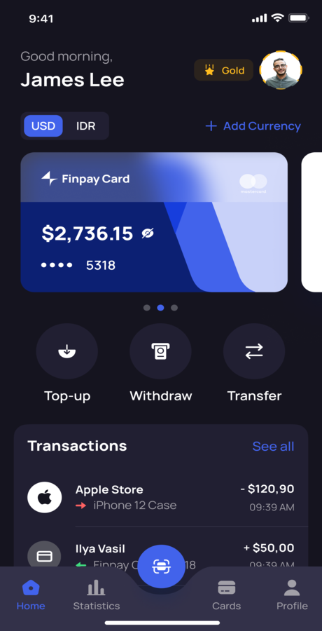 FinPay App ANDROID + IOS + FIGMA | UI Kit | Flutter | Banking, E-Money Management by FlutterVision