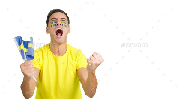 Man cheering for Sweden screaming and waving a national flag Stock ...
