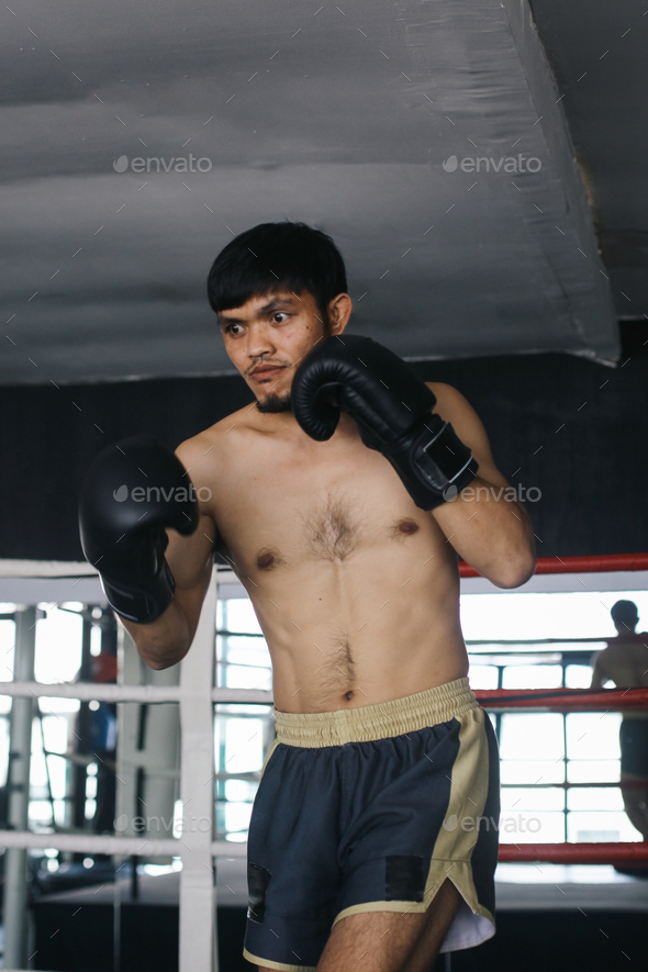 Serious Asian Boxer Focused Training In Ring Arena Training Stock Photo ...